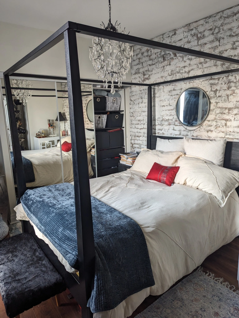 Crate and Barrel solid wood Queen platform canopy bed | Karrot